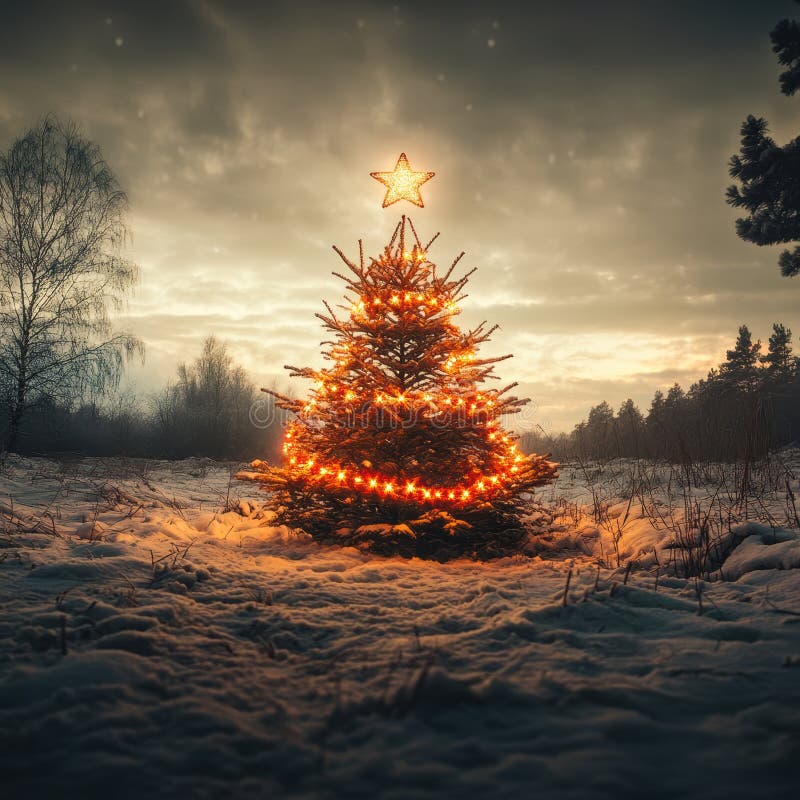 Lonely Christmas Tree Standing in Snowy Field at Sunset Stock Photo ...