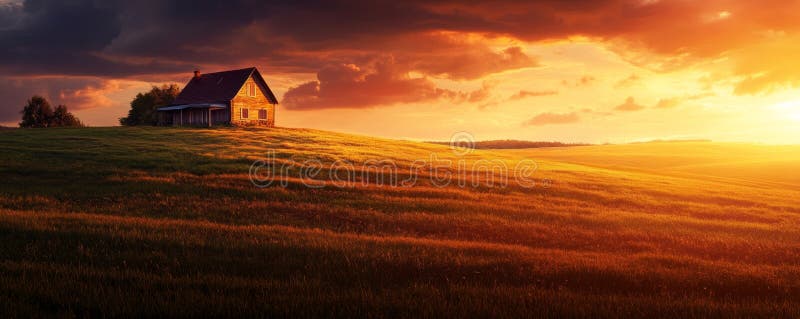 Lonely Cottage on Rolling Hills at Sunset, Panoramic Landscape ...
