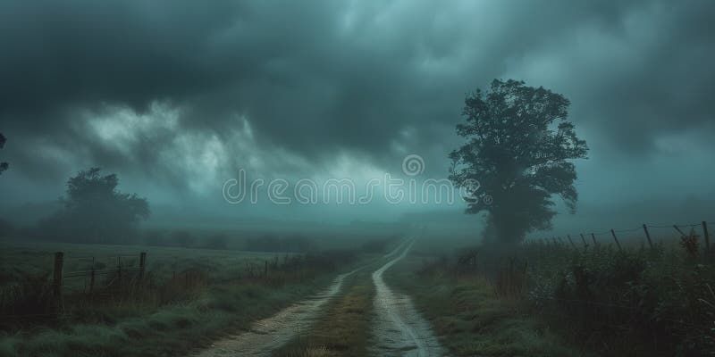 A Lonely Country Path Meanders through a Field Under a Dramatic, Stormy ...