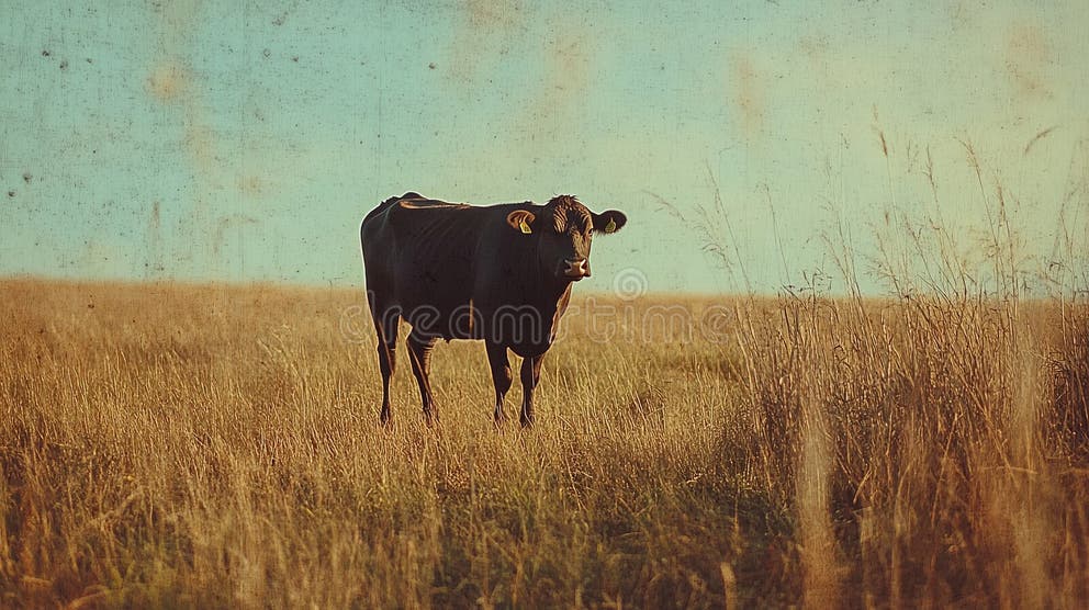 Lonely Cow in Rustic Field at Sunset Stock Illustration - Illustration ...