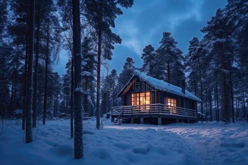 Lonely Cozy House in the Winter Forest, Evening Time Stock Illustration ...