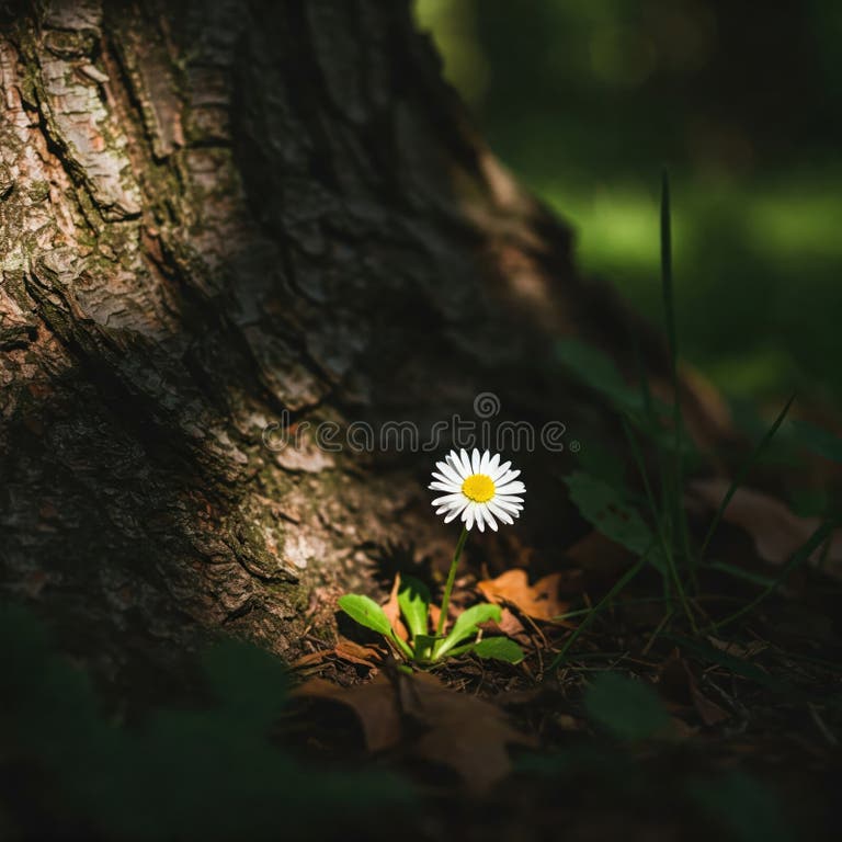 A Lonely Daisy at the Base of a Tree in the Forest Shade. Stock Photo ...