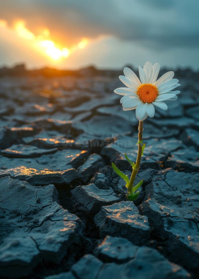 Lonely Daisy Grows in Dried Up Empty Field. Climate Change Stock Image ...