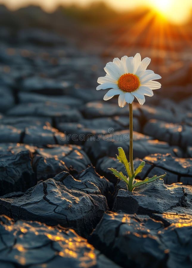 Lonely Daisy Grows in Dried Up Empty Field. Concept of Environmental ...