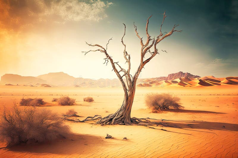 Lonely Dead Tree Covered with Layer of Sand and Dried Bushes Around in ...