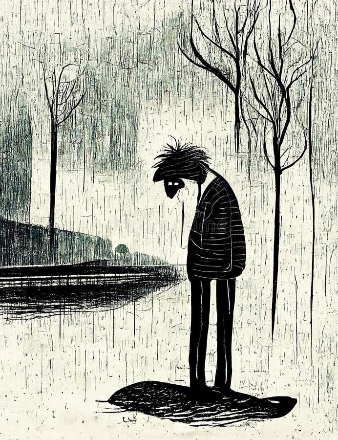 Lonely, Depressed Man, Rainy Cartoon Artwork, Ai Generated Image Stock ...