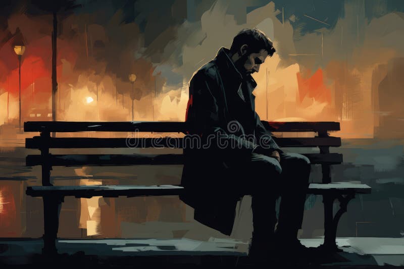 Lonely Depressed Man Sit on Bench AI Generated Stock Illustration ...