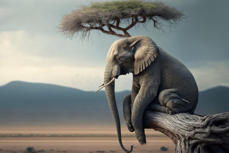 Lonely Elephant Sitting on a Tree Branch. Generative AI Stock ...