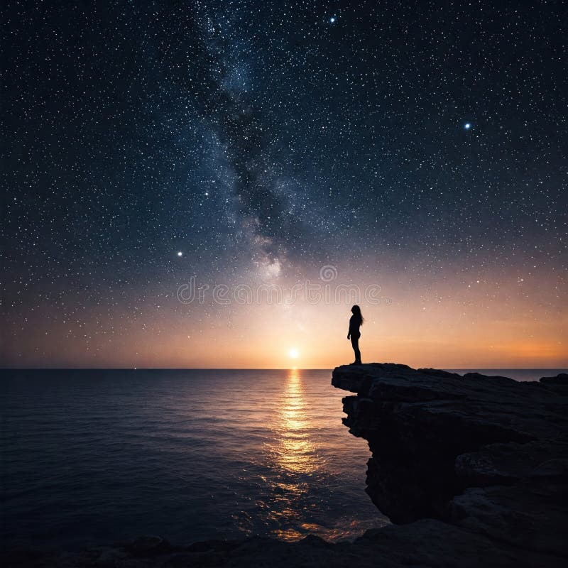 A Lonely Figure on the Edge of a Cliff at Night Under the Stars. Stock ...