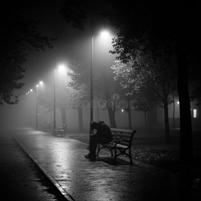 Lonely Figure on a Foggy Night Bench Stock Illustration - Illustration ...