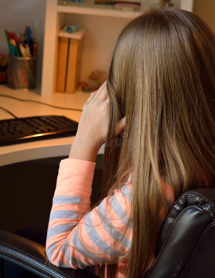 Lonely Girl at the Computer. Stock Image - Image of lonely, light: 46610535