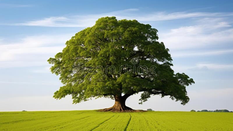 Lonely Green Oak Tree in the Field Stock Illustration - Illustration of ...