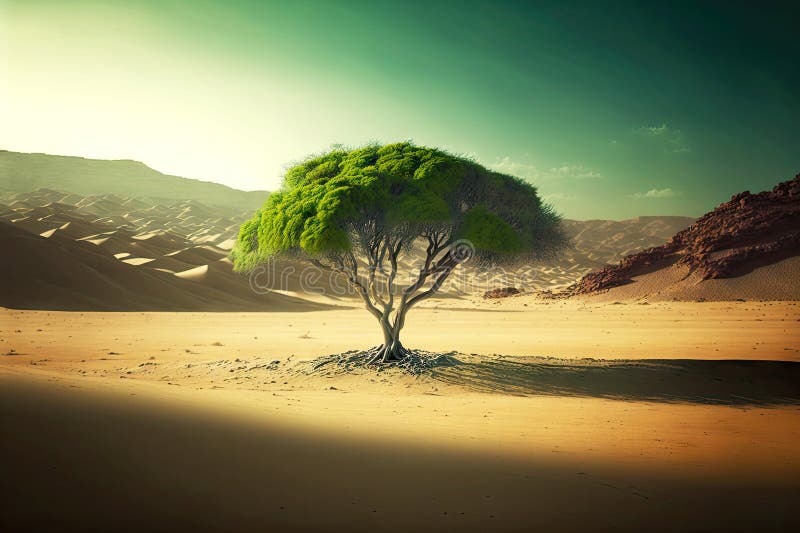 Lonely Green Tree in Desert in Rays of Daylight Stock Illustration ...