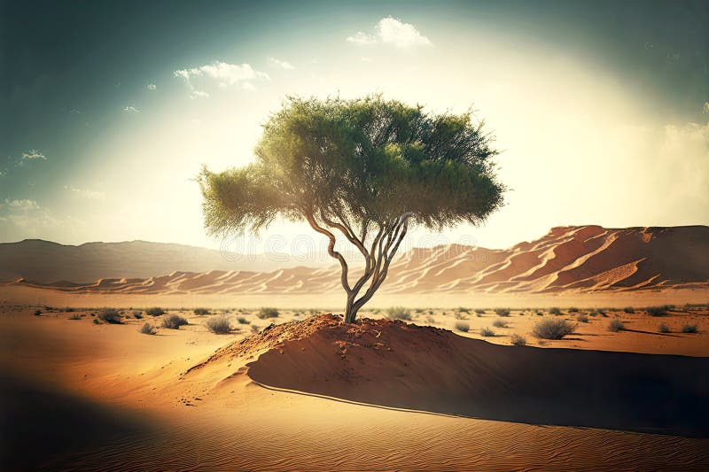 Lonely Green Tree in Desert in Rays of Daylight Stock Illustration ...