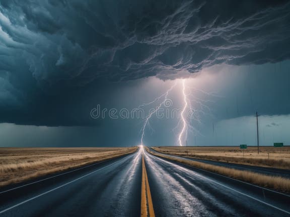 Lonely Highway Leading into a Powerful Storm with a Massive Lightning ...