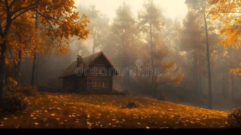 A Lonely House in an Autumn Forest with Mist Rising Stock Illustration ...