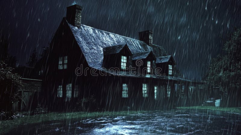Lonely House Illuminated during Heavy Rain at Night Stock Illustration - Illustration of rain ...