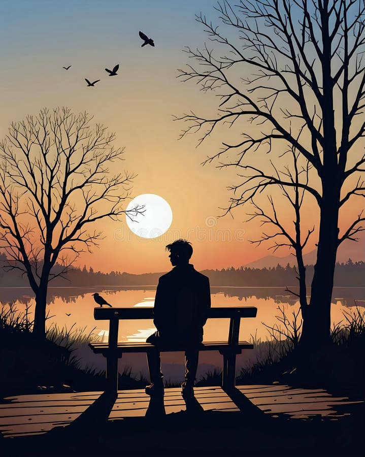 Lonely Man Alone on Bench Looking at Sunset on Horizon Stock ...