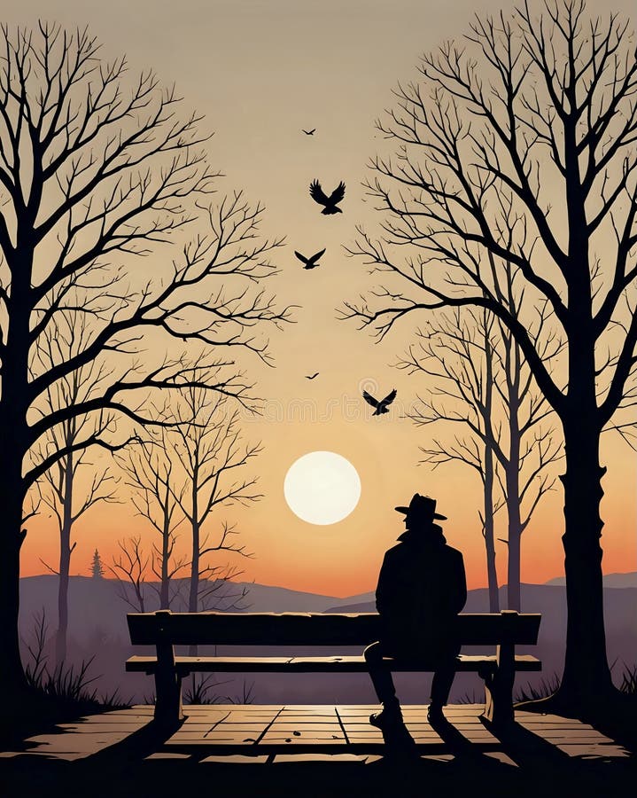 Lonely Man Alone on Bench Looking at Sunset on Horizon Stock ...