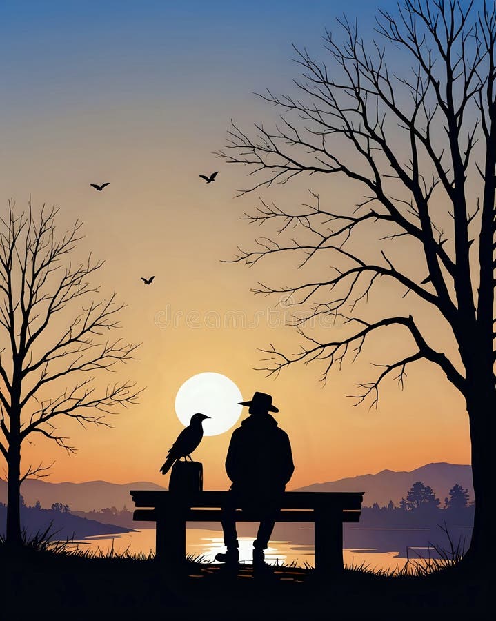 Lonely Man Alone on Bench Looking at Sunset on Horizon Stock ...