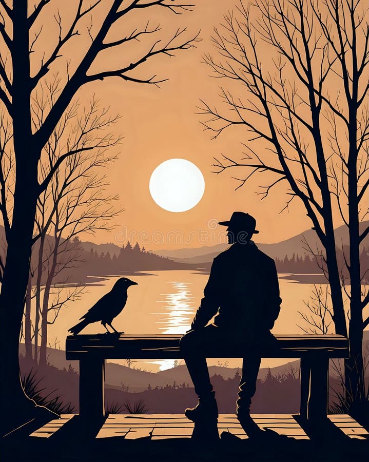 Lonely Man Alone on Bench Looking at Sunset on Horizon Stock ...