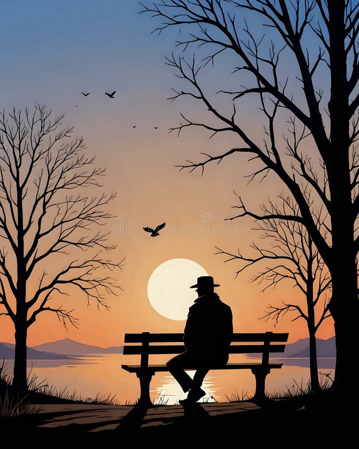 Lonely Man Alone on Bench Looking at Sunset on Horizon Stock ...