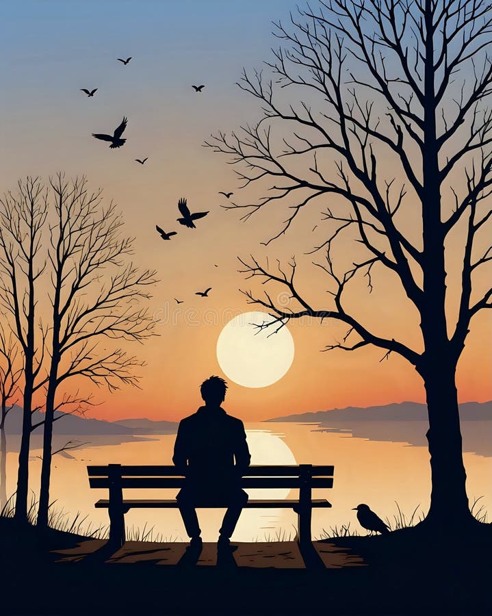 Lonely Man Alone on Bench Looking at Sunset on Horizon Stock ...