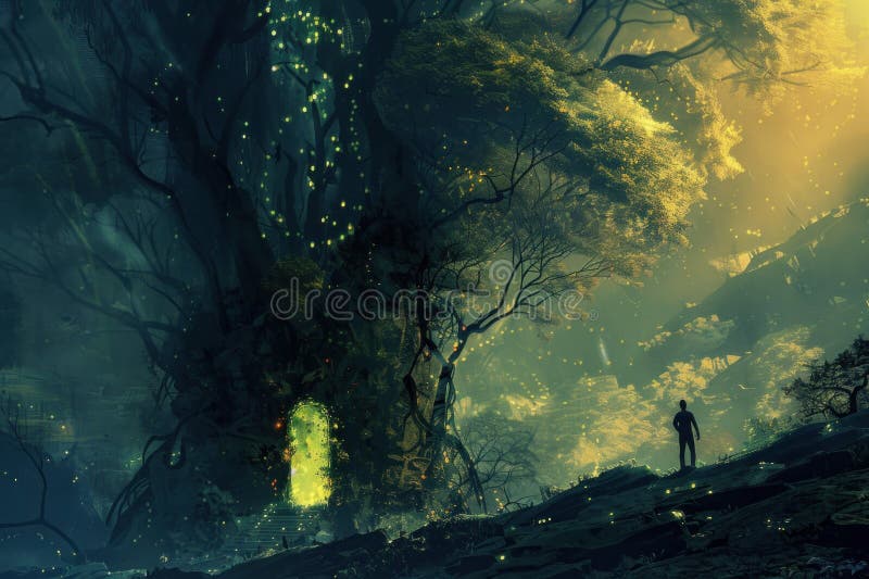 Lonely Man Contemplating Glowing Magical Tree in Fantasy Forest Stock ...