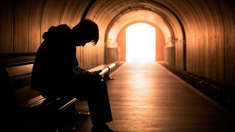Lonely Man Feeling Sad and Depressed Sitting on Bench in Tunnel Stock ...