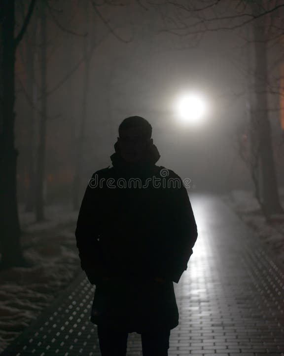Lonely Man in the Fog at Night Stock Image - Image of park, street ...