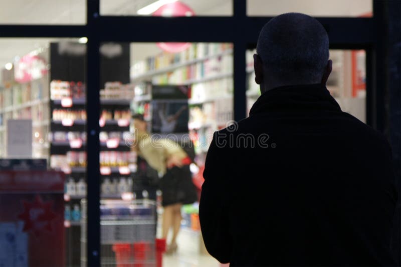 Lonely Man in Front of Shop Window Stock Photo - Image of woman ...