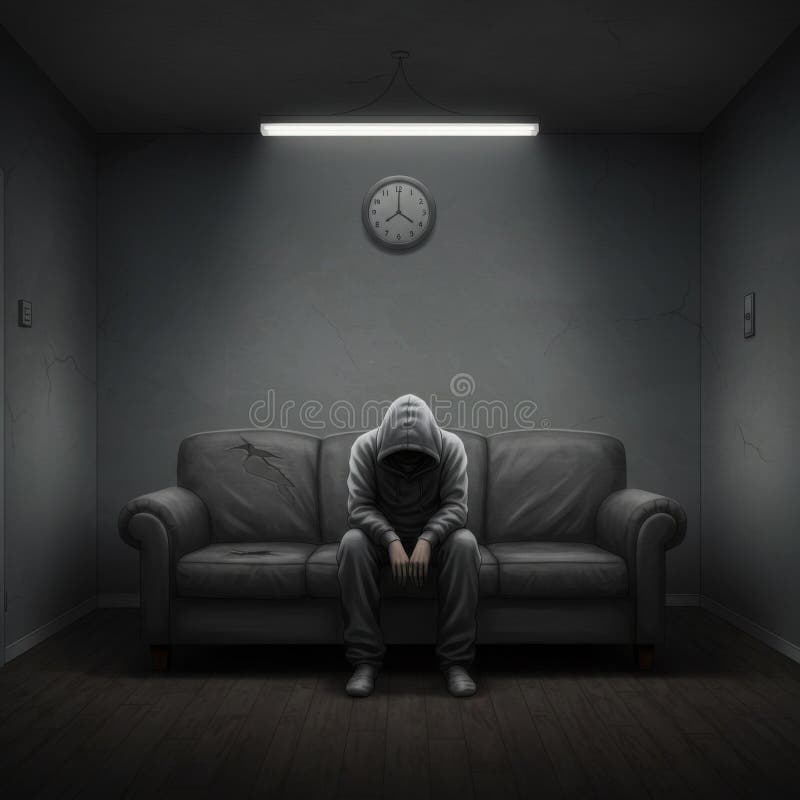 Lonely Man in a Gray Room Sitting on a Sofa Stock Illustration ...