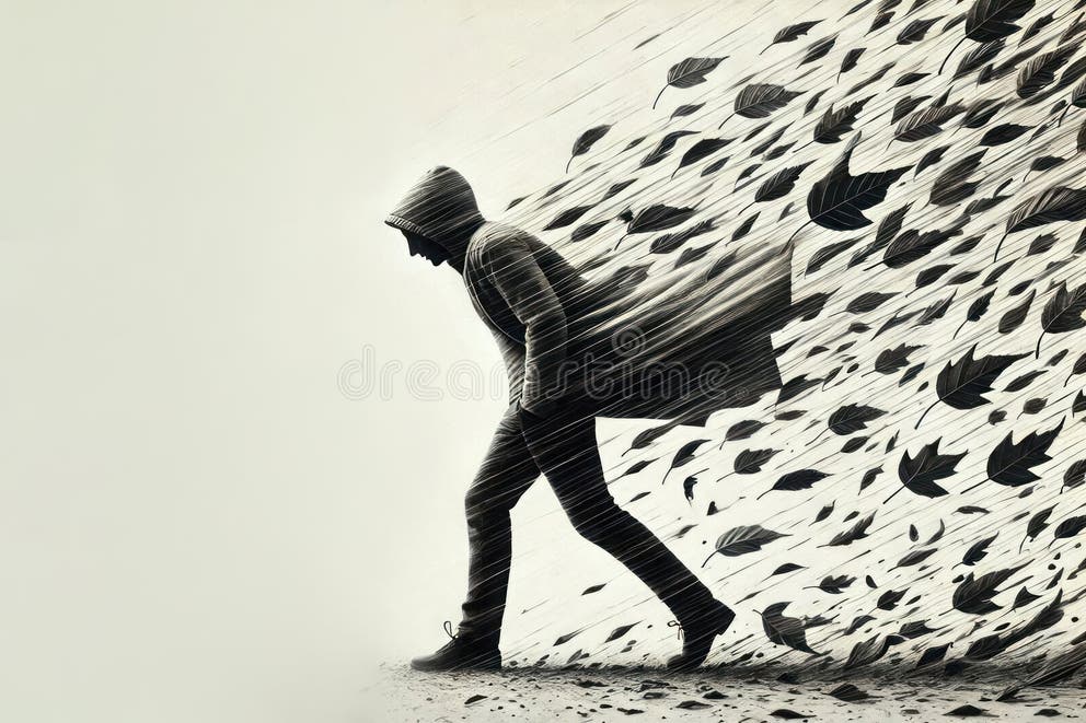 A Lonely Man in a Hood Walking through the Wind. Space for Text. Stock ...