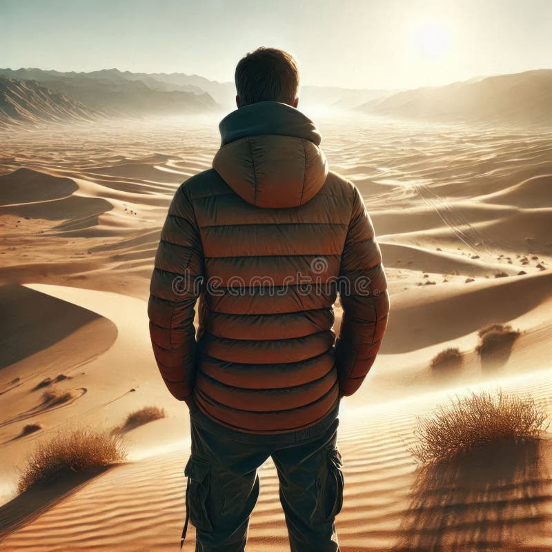 A Lonely Man in a Jacket Looks Out Over the Desert. Stock Photo - Image ...