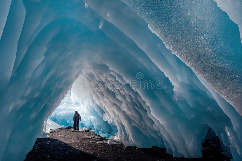Lonely Man in Large Ice Cave in Snow Journey. Stock Illustration ...