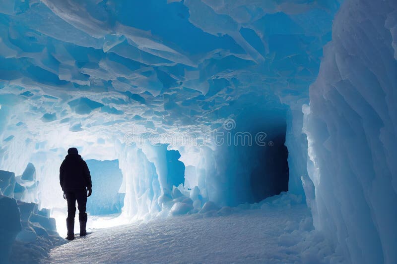 Lonely Man in Large Ice Cave in Snow Journey. Stock Illustration ...