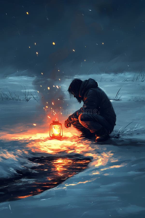 Lonely Man Warms Himself by a Lantern S Light in a Snowy, Cold ...