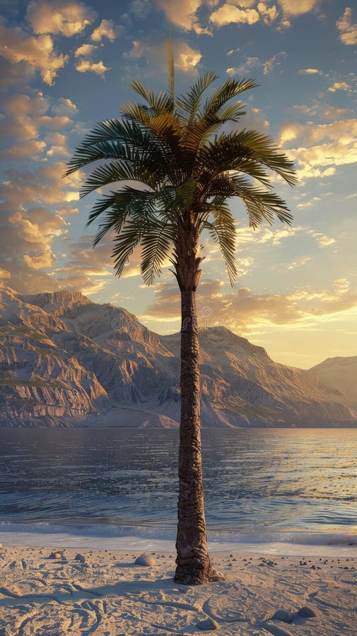 Lonely Palm Tree on Sunset Beach with Mountains View, Calming Nature ...