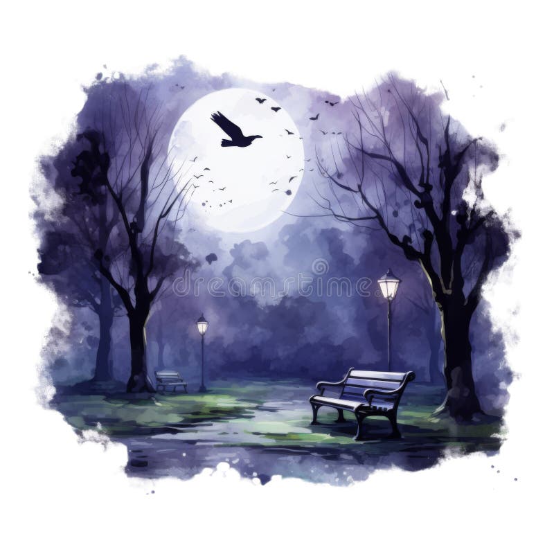 A Lonely Park Bench Beneath a Full Moon and a Flying Crow Stock Image ...
