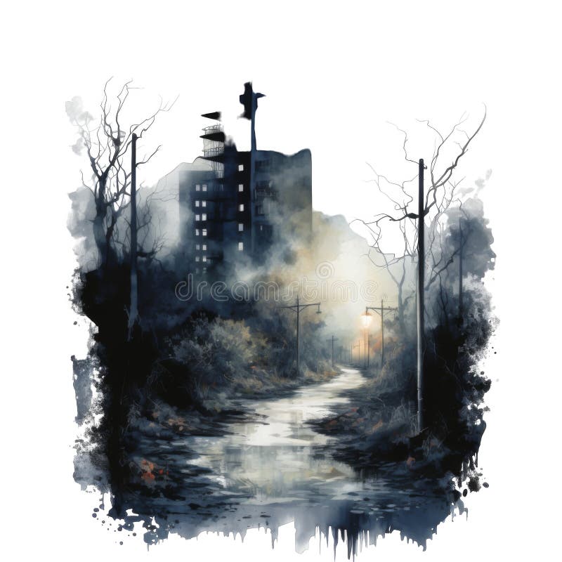 A Lonely Path through a Foggy, Abandoned Town Stock Illustration ...