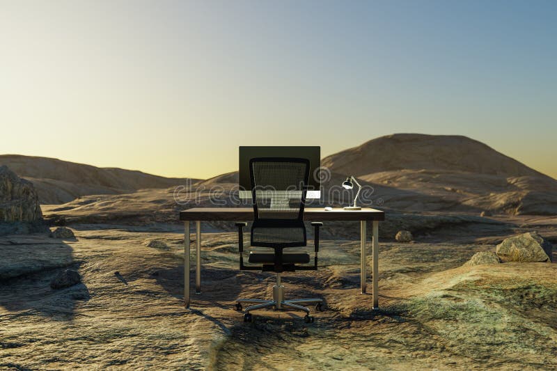 Lonely Pc Workplace in Large Desert Environment Remote Work and Digital ...