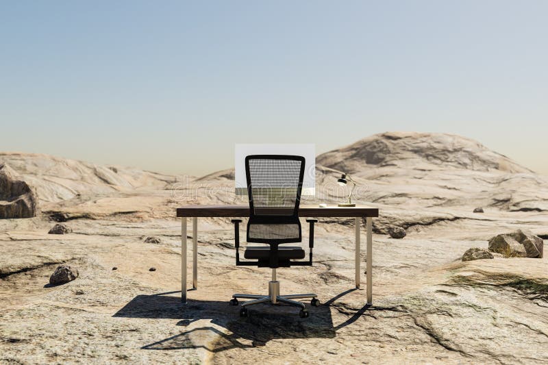 Lonely Pc Workplace in Large Desert Environment Remote Work and Digital ...
