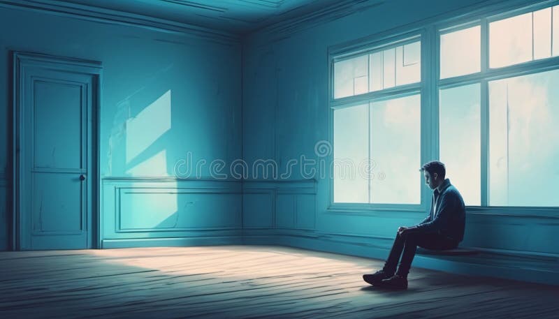 Lonely Person in a Blue Empty Room. Concept of Depression Stock ...