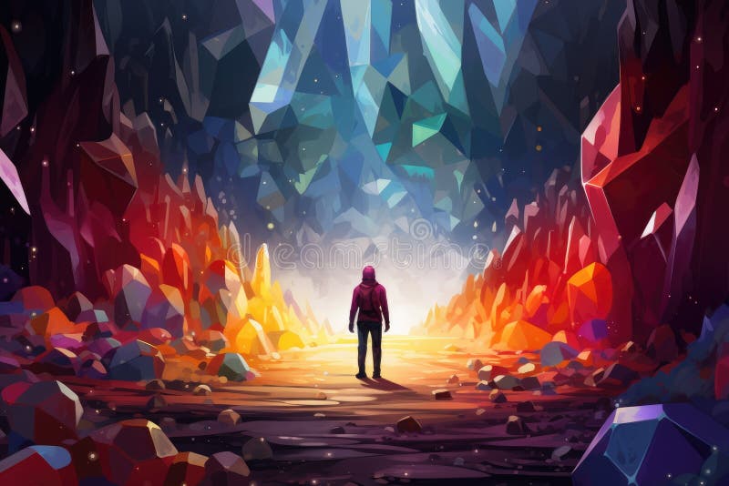 Lonely Person in Cave Full of Diamonds AI Generated Stock Illustration ...