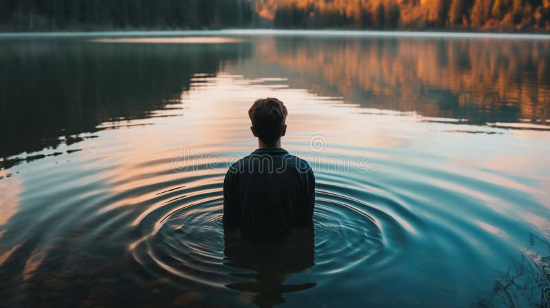 Lonely person in the lake stock illustration. Illustration of summer ...