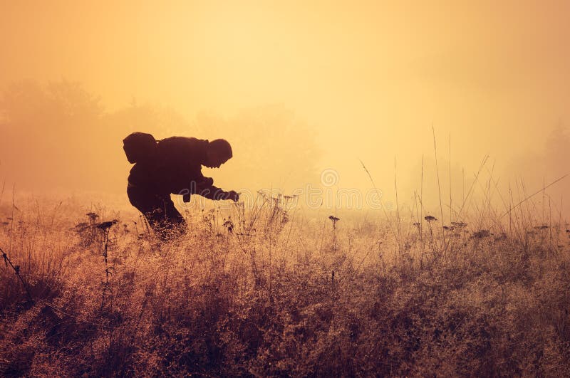 Lonely Person in the Morning Mist. Stock Photo - Image of relax ...