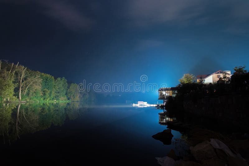 Lonely Pier Near the River Coast at Night Stock Photo - Image of ...