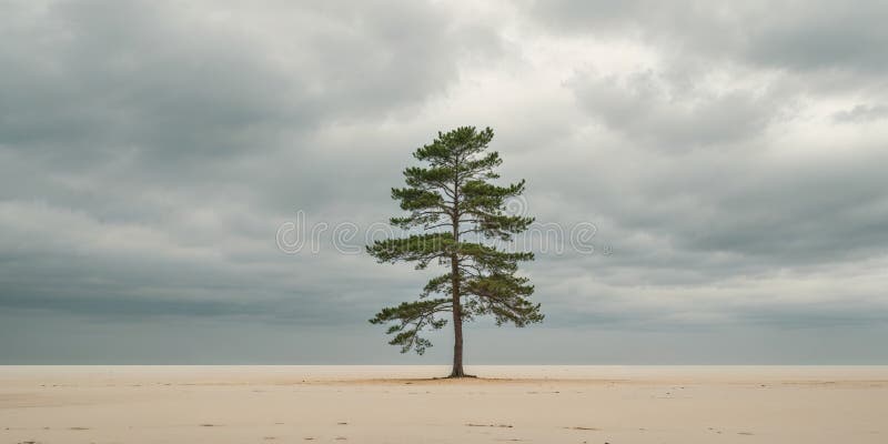 Lonely Pine Tree Growing on Sandy Ground Under Cloudy Sky Stock Photo ...