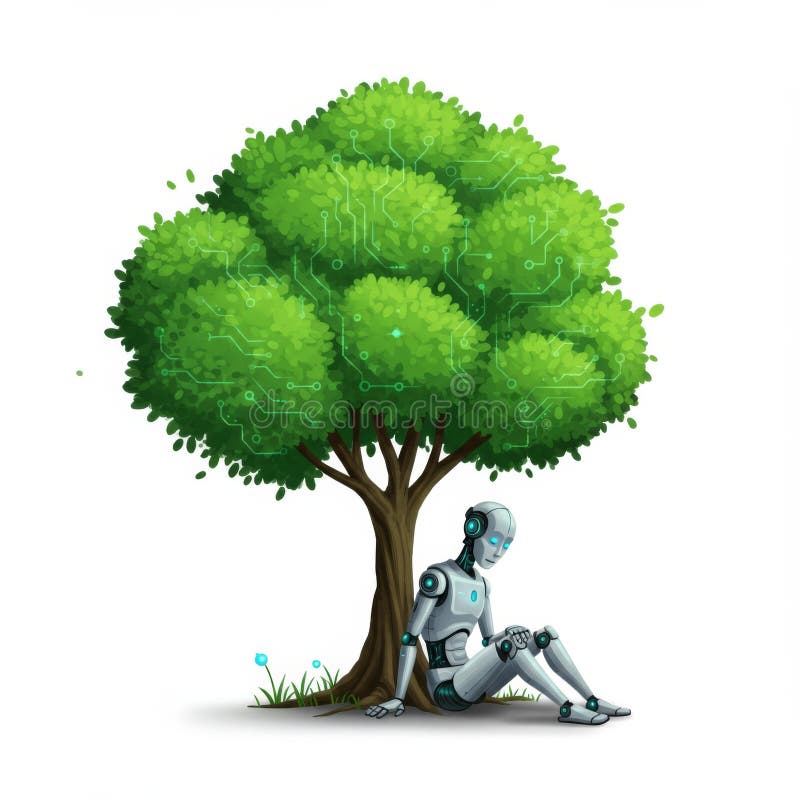 Lonely Robot Sitting Under Green Pixel Tree Against White Background in ...