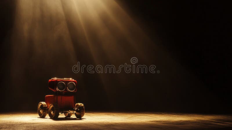 Red Toy Robot Under Spotlight on Wooden Surface Stock Illustration ...